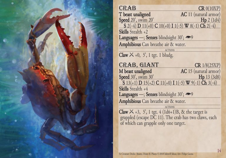 5e Creature Decks: Beasts, Oozes, & Plants: Crab – Inkwell Ideas